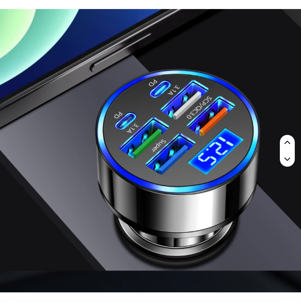 100W 6-in-1 Multi-Port Car Charger – Super Fast Charging with Digital ...