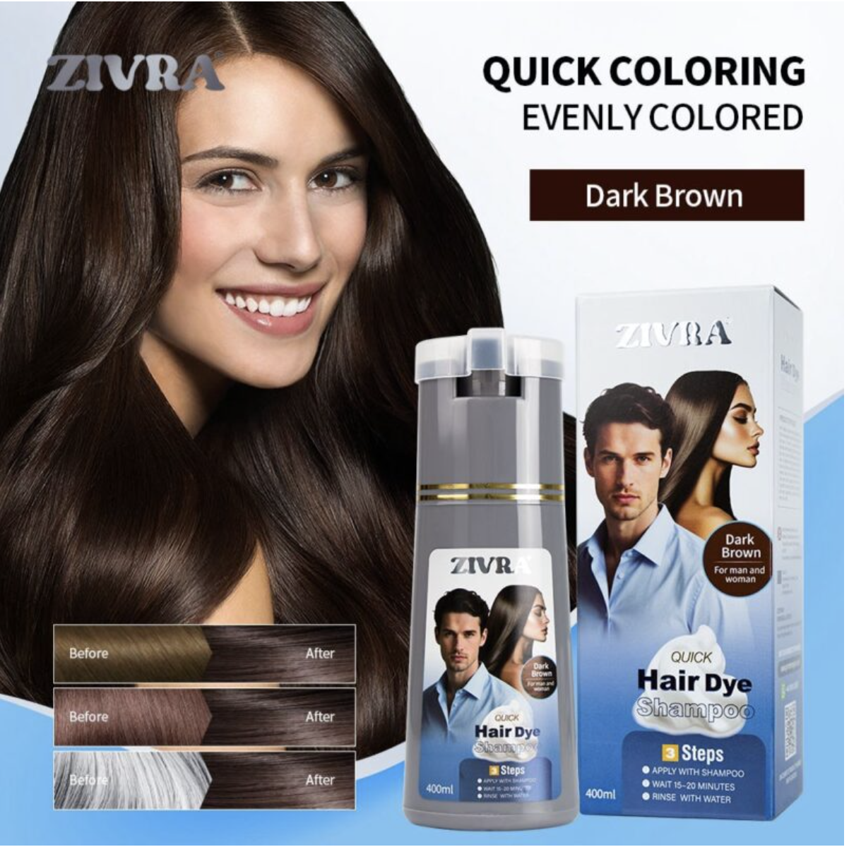 Natural Black & Dark Brown 400ml Instant Hair Color Shampoo | ZIVRA ...