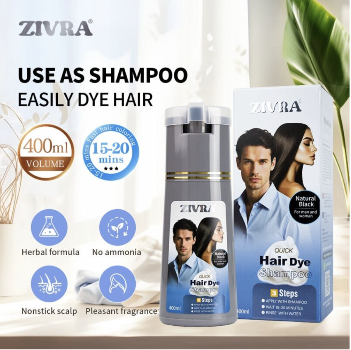 Natural Black & Dark Brown 400ml Instant Hair Color Shampoo | ZIVRA ...